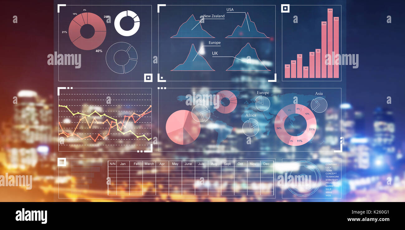 Financial consulting and analytics concept with infographs on screen ...