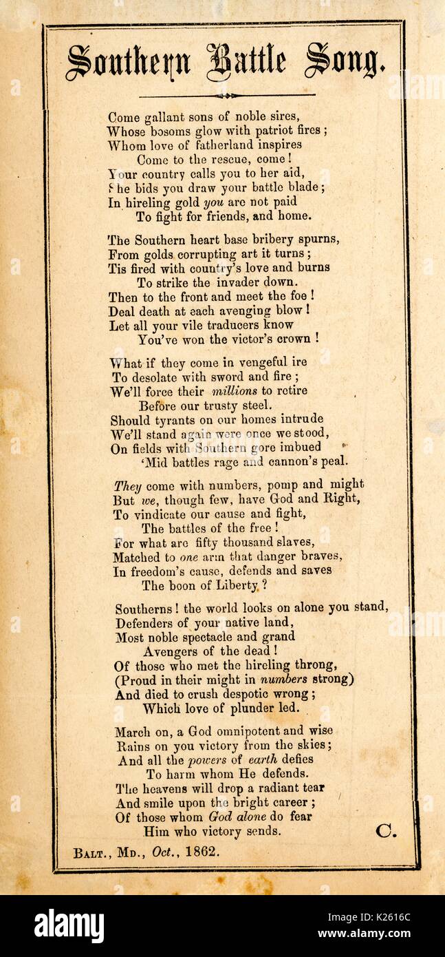 Broadside from the American Civil War, entitled 'Southern Battle Song ...