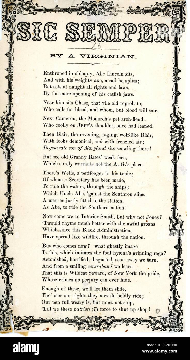 Broadside from the American Civil War, entitled 'Sic Semper, ' expressing disdain for and making ...