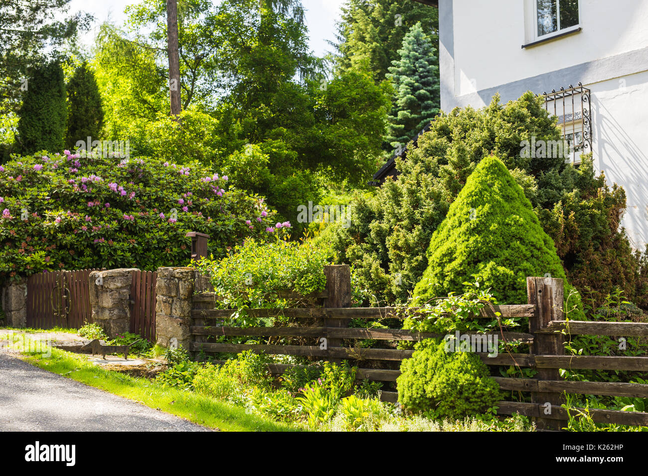 Fenced Backyard garden with trees and grass Stock Photo - Alamy