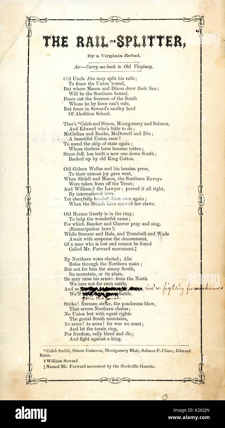 Broadside from the American Civil War, entitled 'The Rail-Splitter ...