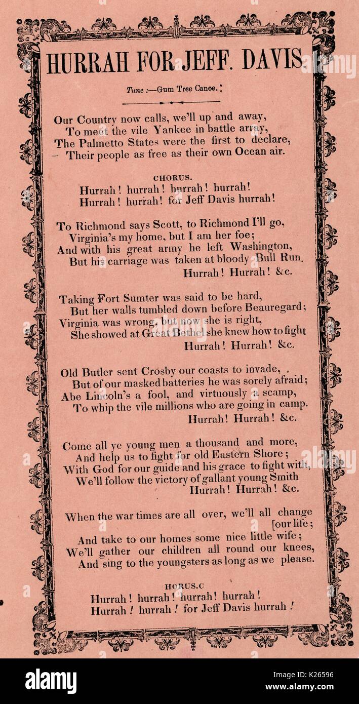 Broadside from the American Civil War, entitled 'Hurrah for Jeff. Davis ...