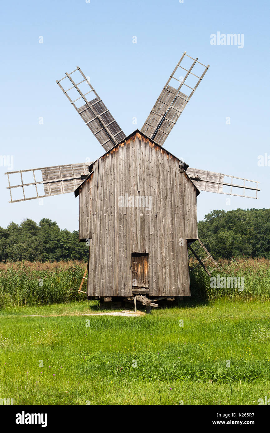 vertical rear view of old wooden windmill on a grass field and green ...