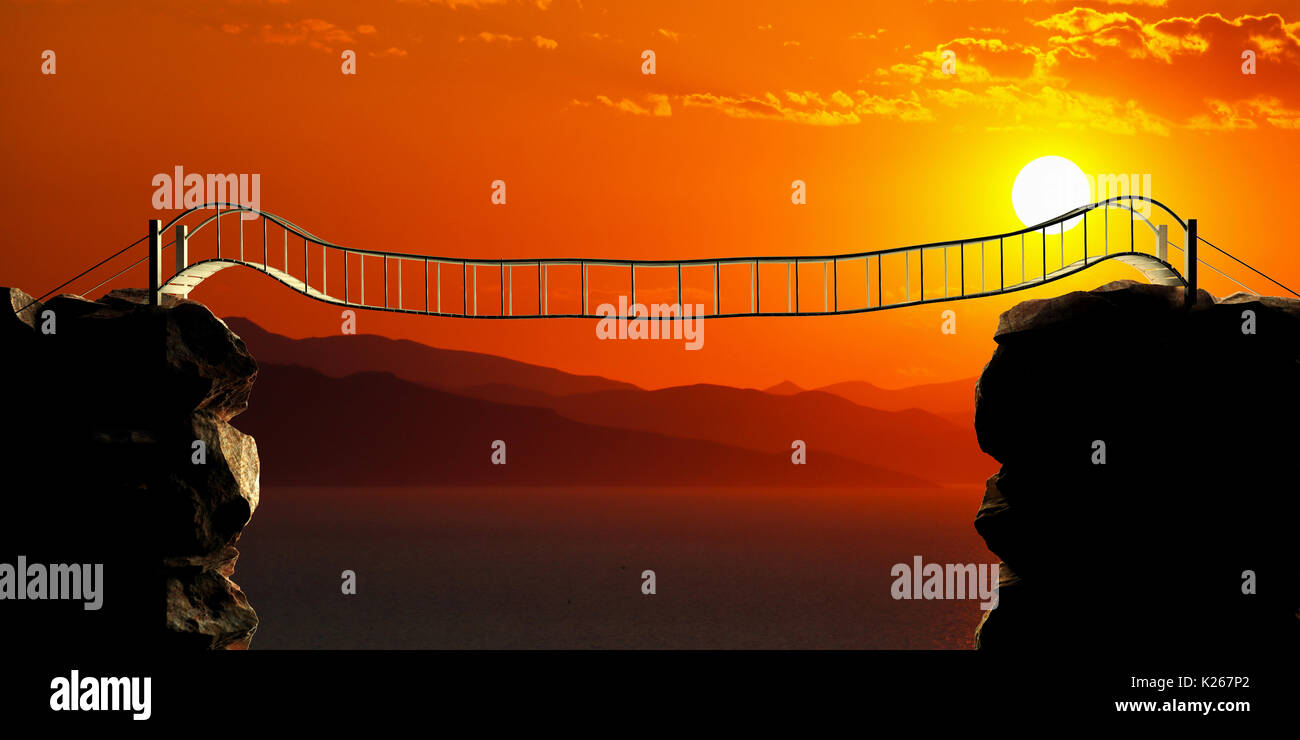 Bridge on calm blue sea and sky background at sunset. 3d illustration ...