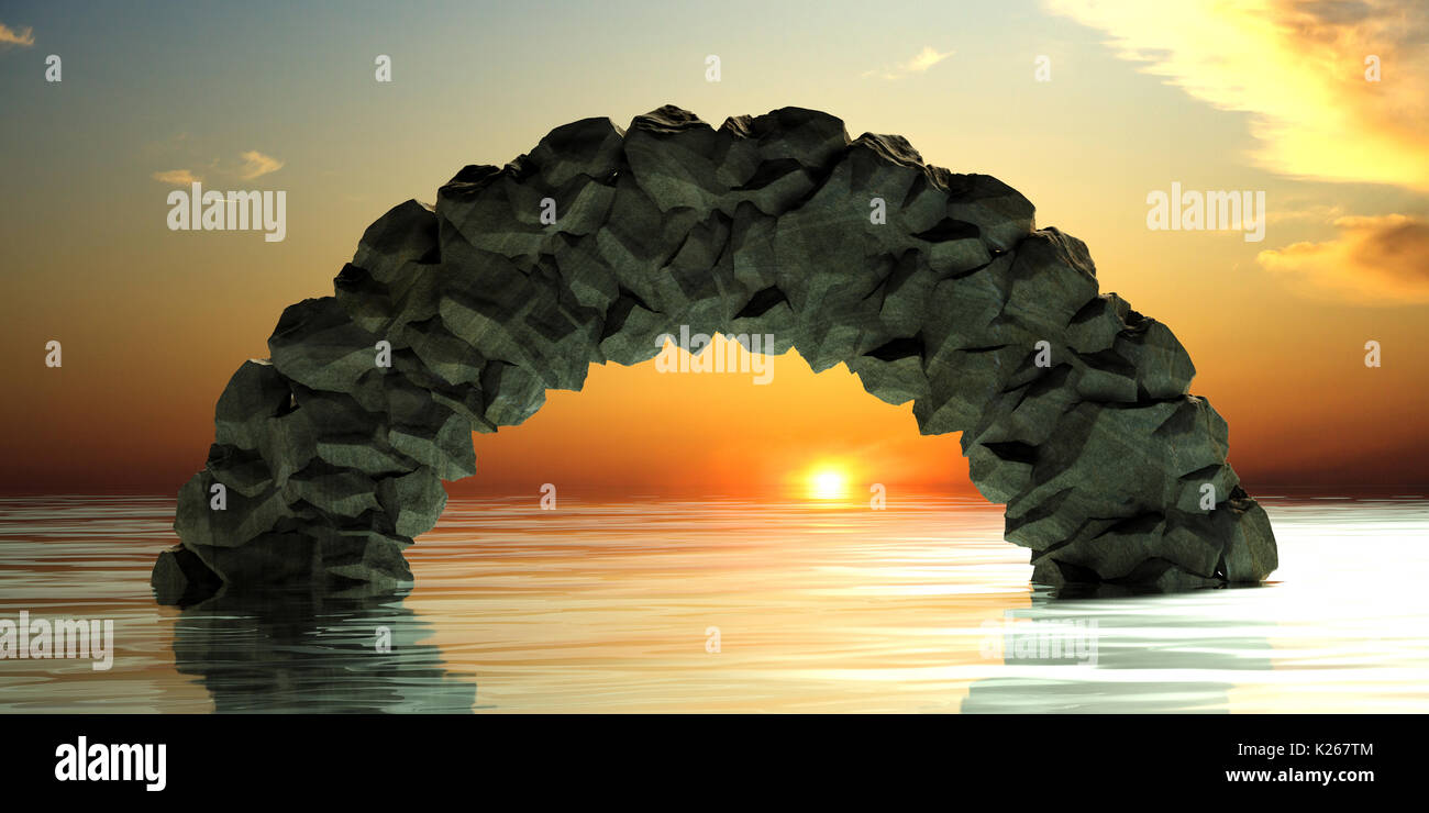 Rocks arch on calm sea and sky background at sunset. 3d illustration ...