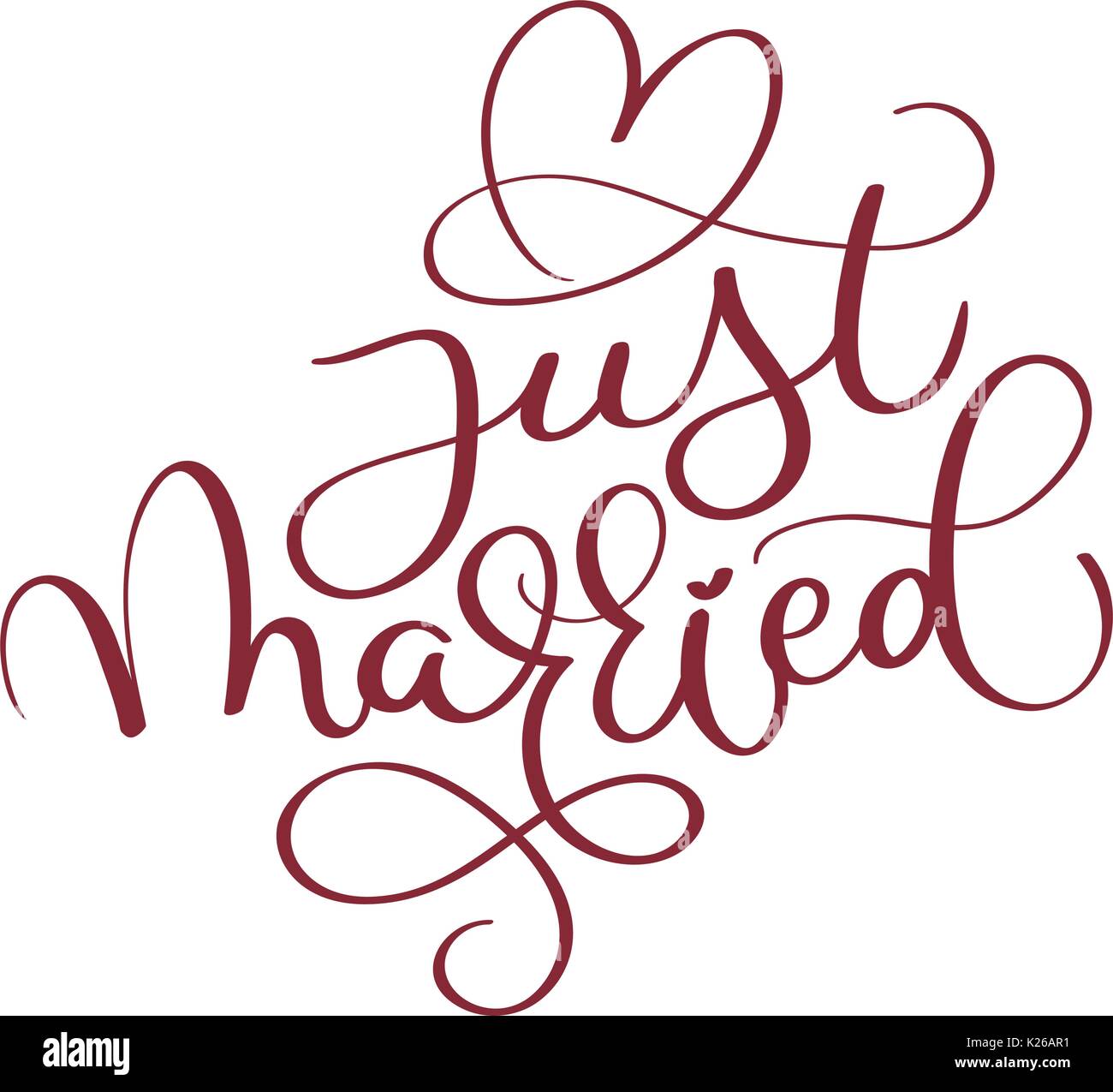 just married red text with heart on white background. Hand drawn ...