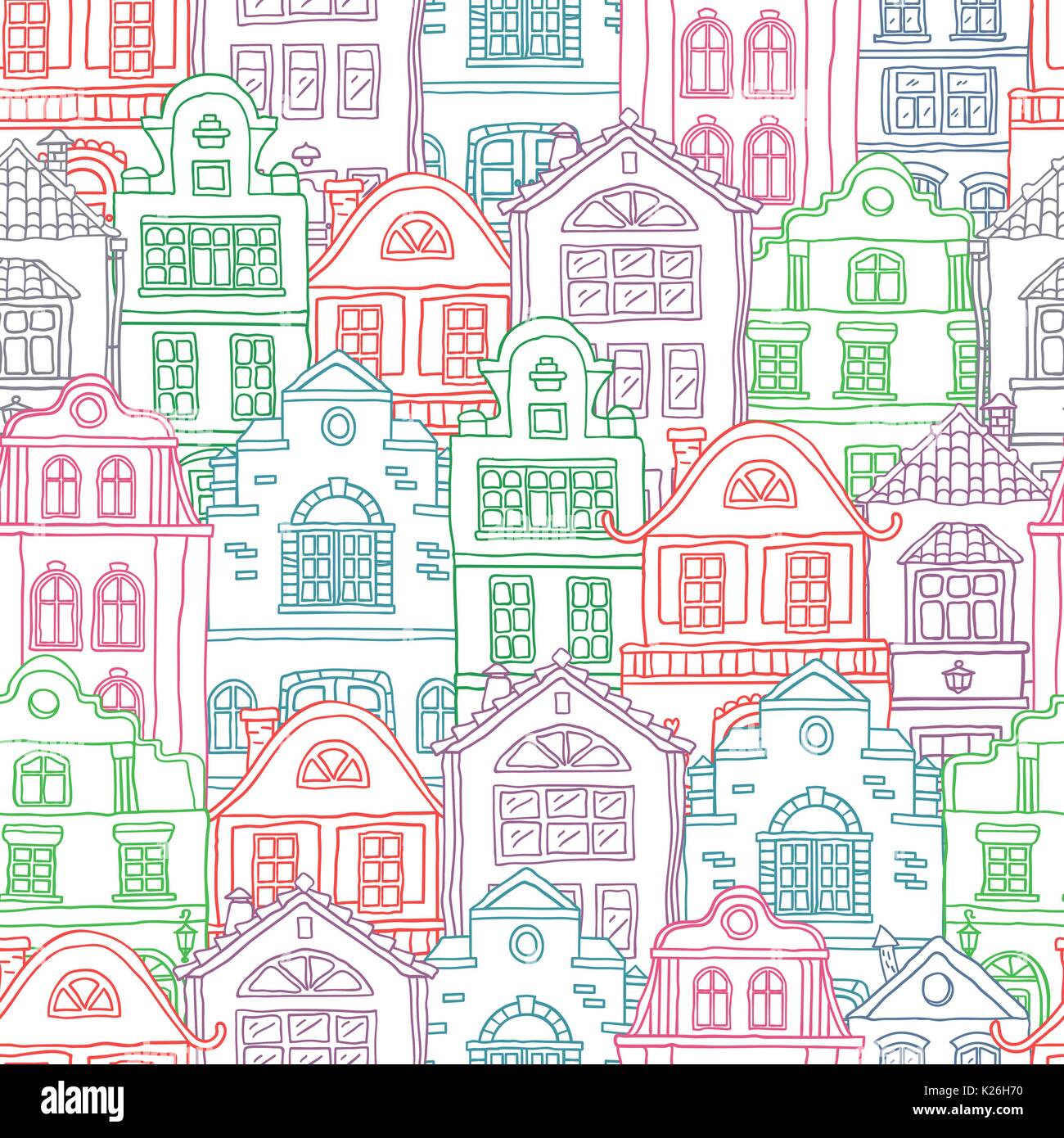 Seamless colored contour pattern with houses . Vector doodles Stock ...