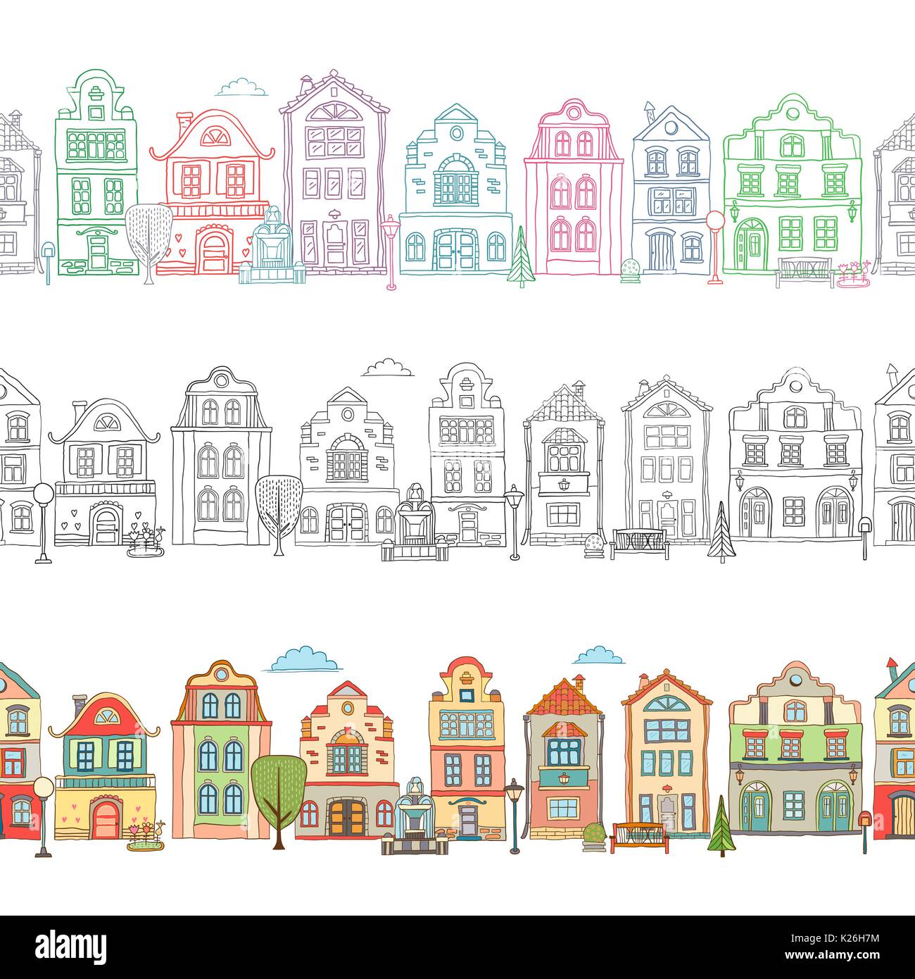 Seamless border pattern with cute houses . Vector doodles Stock Vector ...