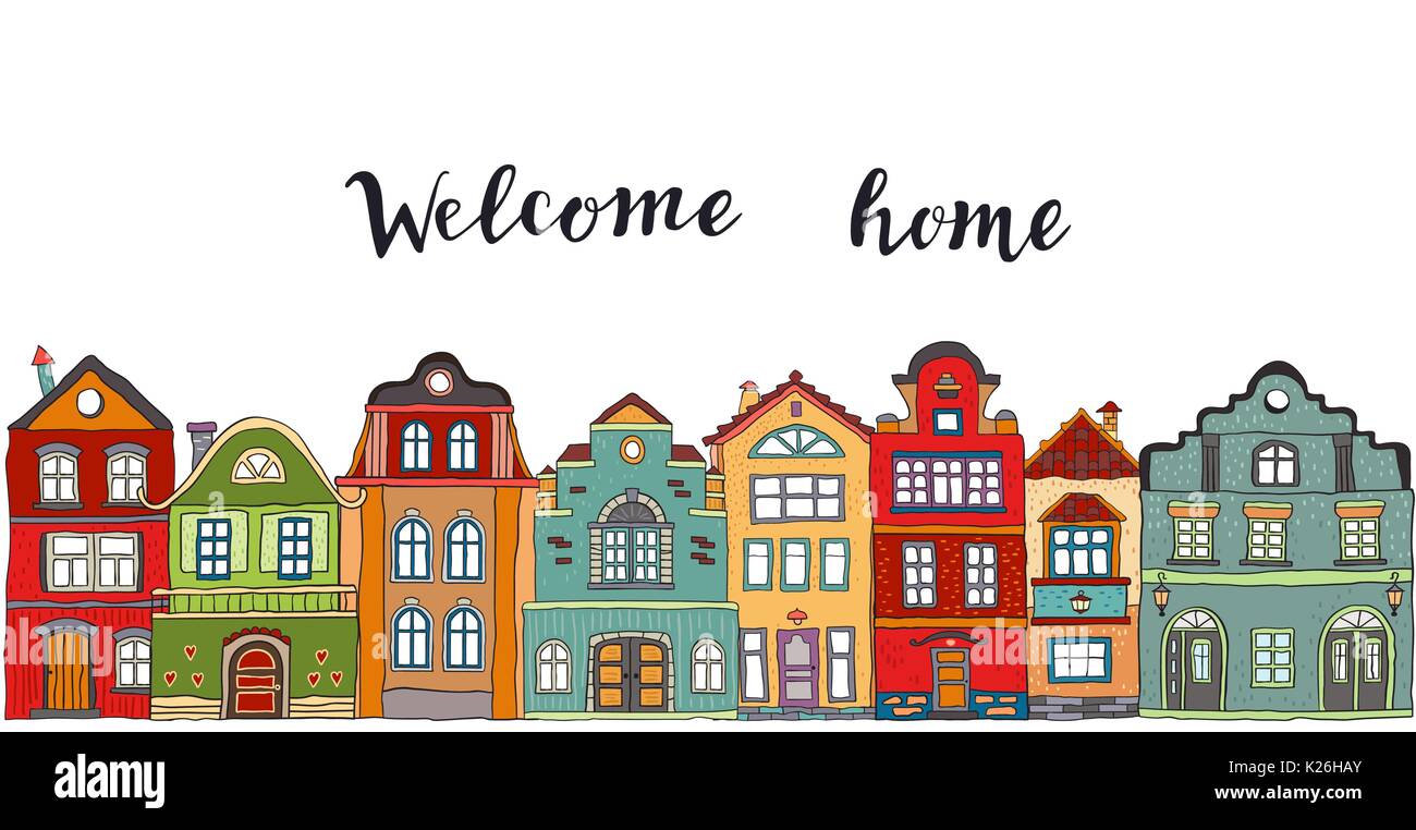 Row of multicolored doodle small town houses with inscription welcome ...