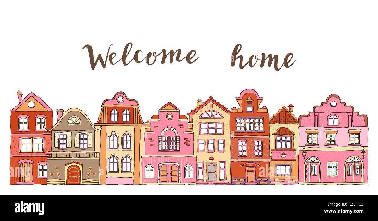 Row of pink doodle small town houses with inscription welcome home ...