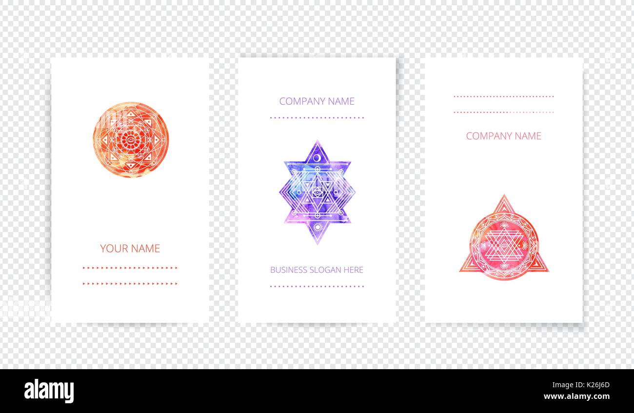 Cosmic mandala cards . Watercolor vector template .Sacred geometry ...