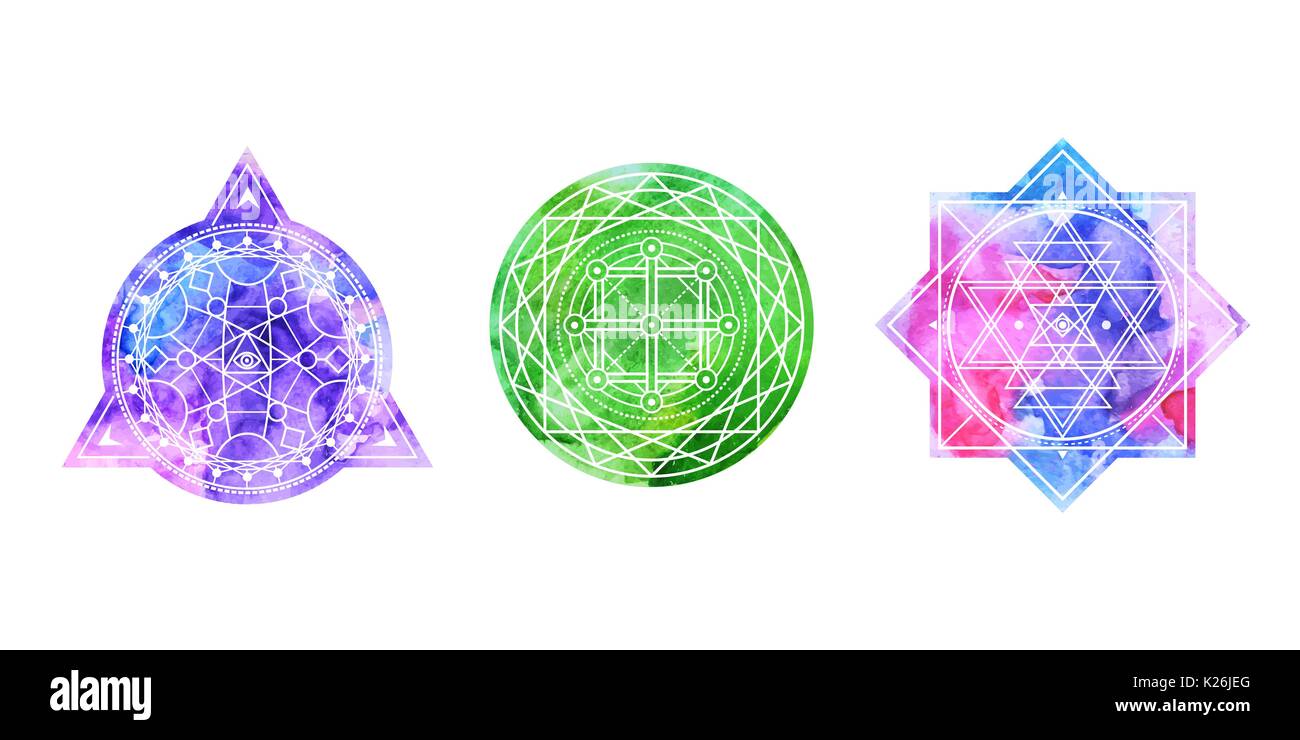 Set of bright colored sacred shapes . Watercolor background is cut in ...