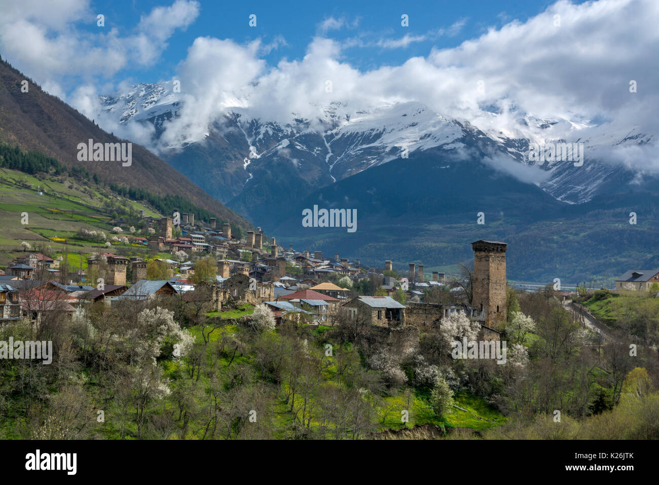 Medieval town Mestia with typical Svanetian protective towers, Georgia ...