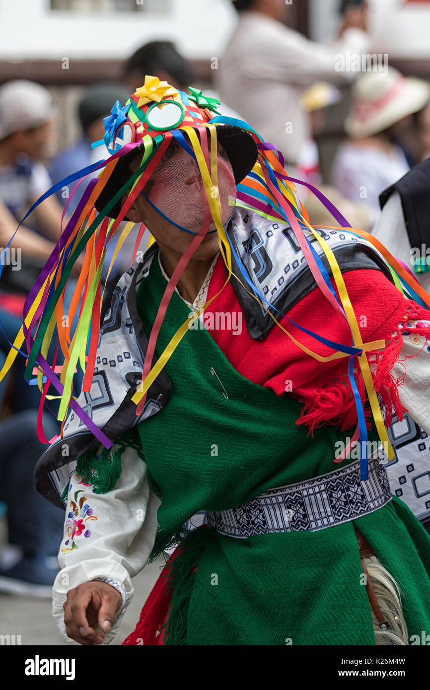 June 17, 2017 Pujili, Ecuador: traditional colourful kichwa man hat ...