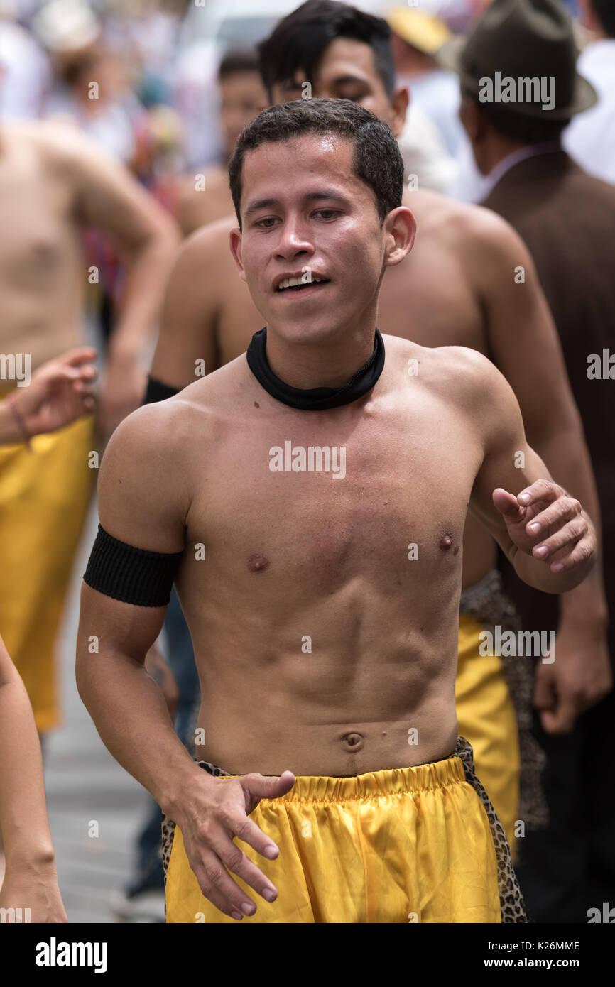 June 17, 2017 Pujili, Ecuador: young male dancer at Corpus Christi ...
