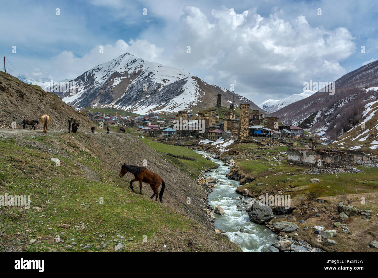 Traditional medieval Svanetian tower houses, Ushguli village, Svaneti ...