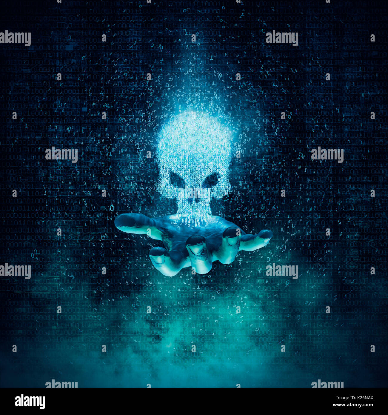Computer crime and virus concept / 3D illustration glowing skull formed by binary digits ...