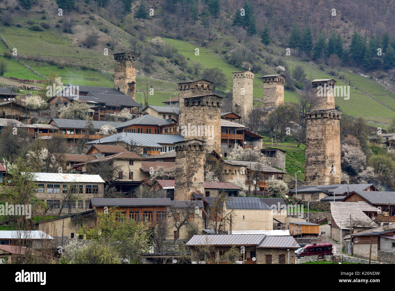 Medieval town Mestia with typical Svanetian protective towers, Georgia ...