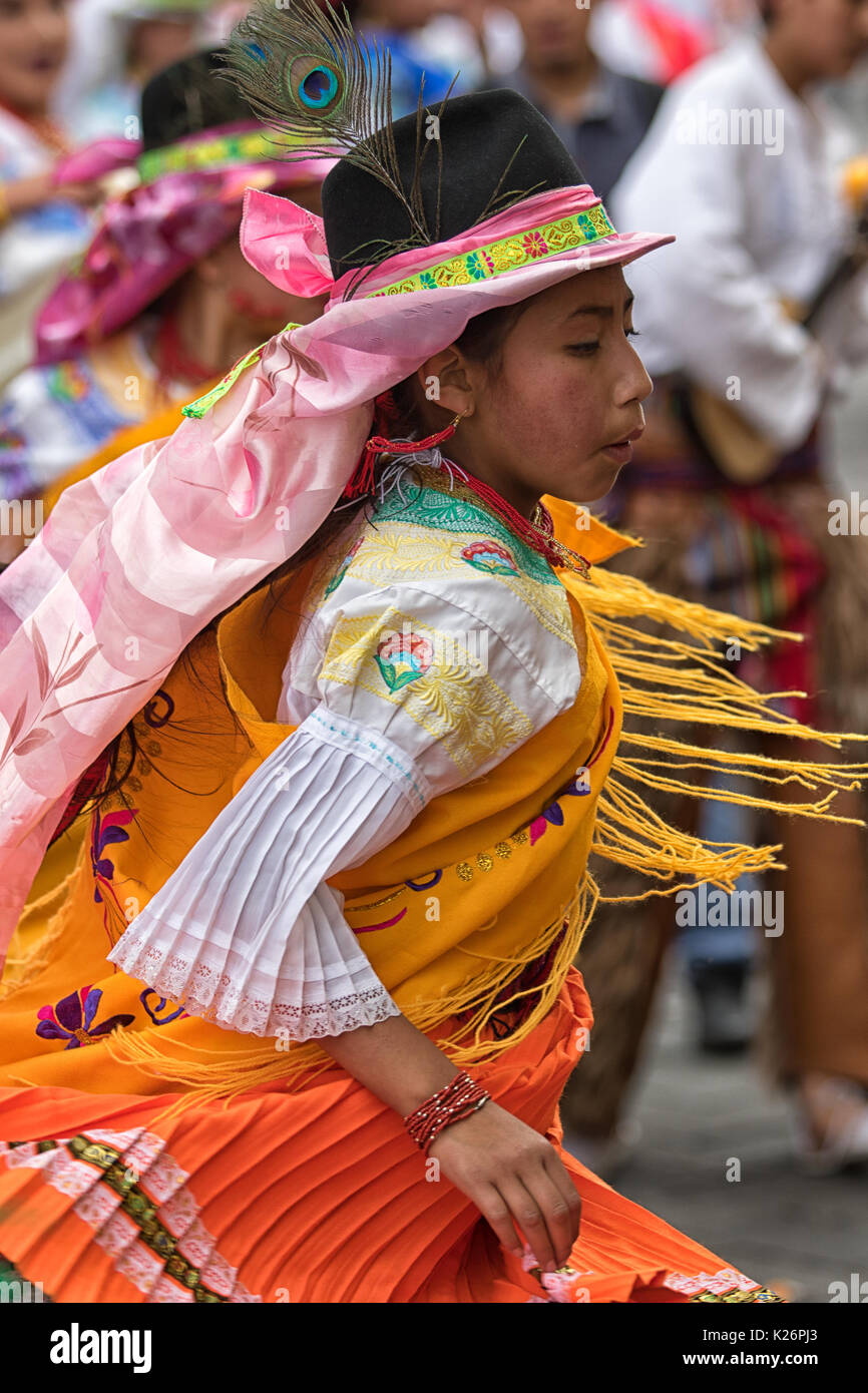 June 17, 2017 Pujili, Ecuador: female dancer dressed in traditional ...