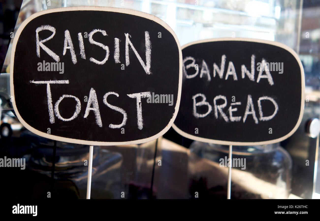 Raisin toast and Banana Bread signs in a cafe Stock Photo - Alamy