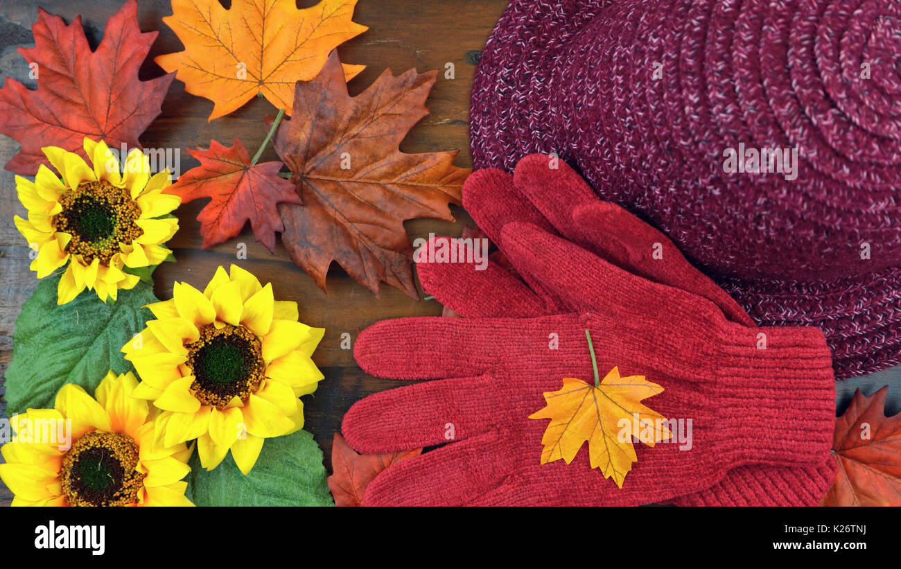 Autumn Fall overhead with seasonal hat and gloves on a rustic wood ...