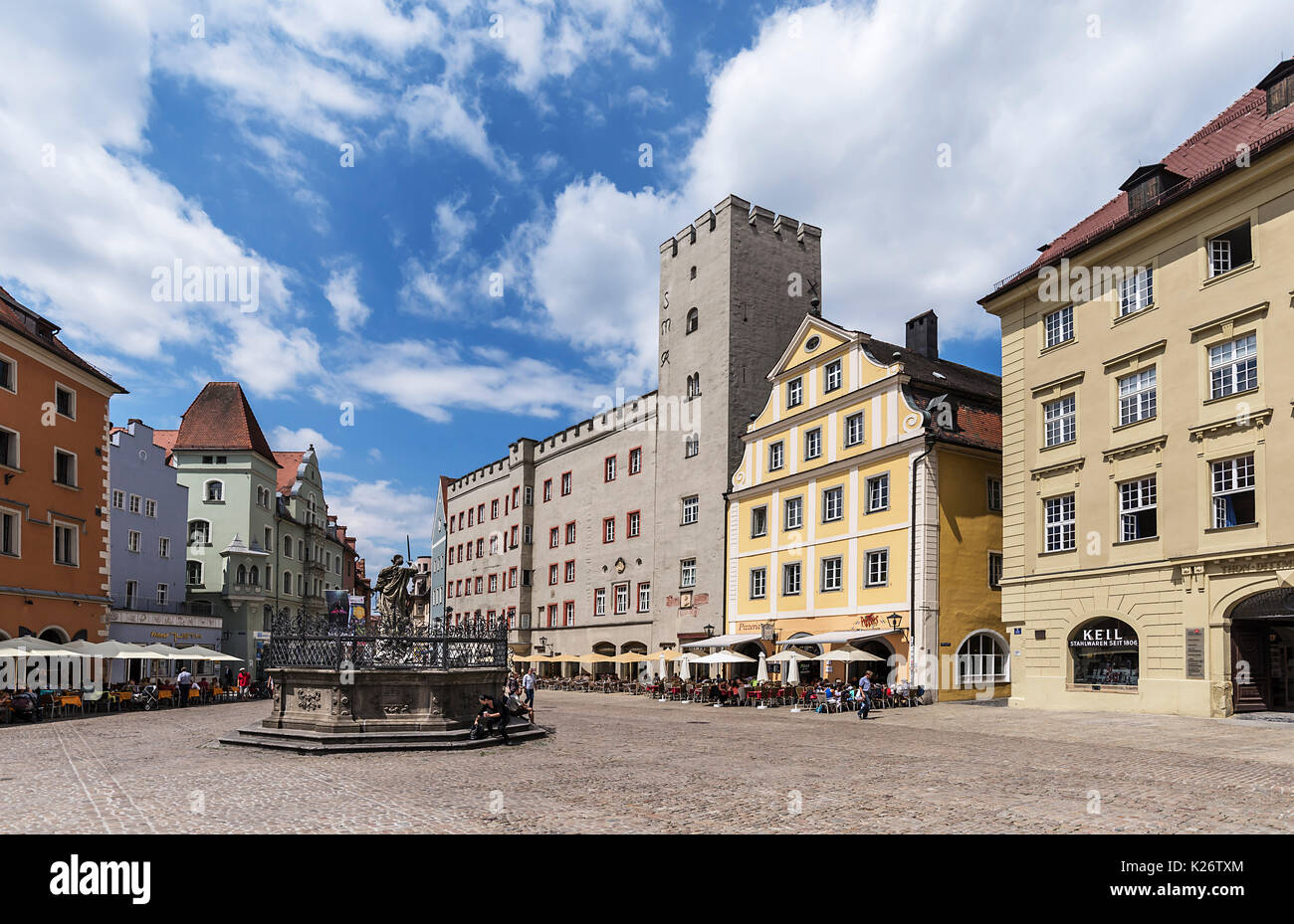 Historic buildings with Justitia fountain at Haidplatz, Regensburg ...