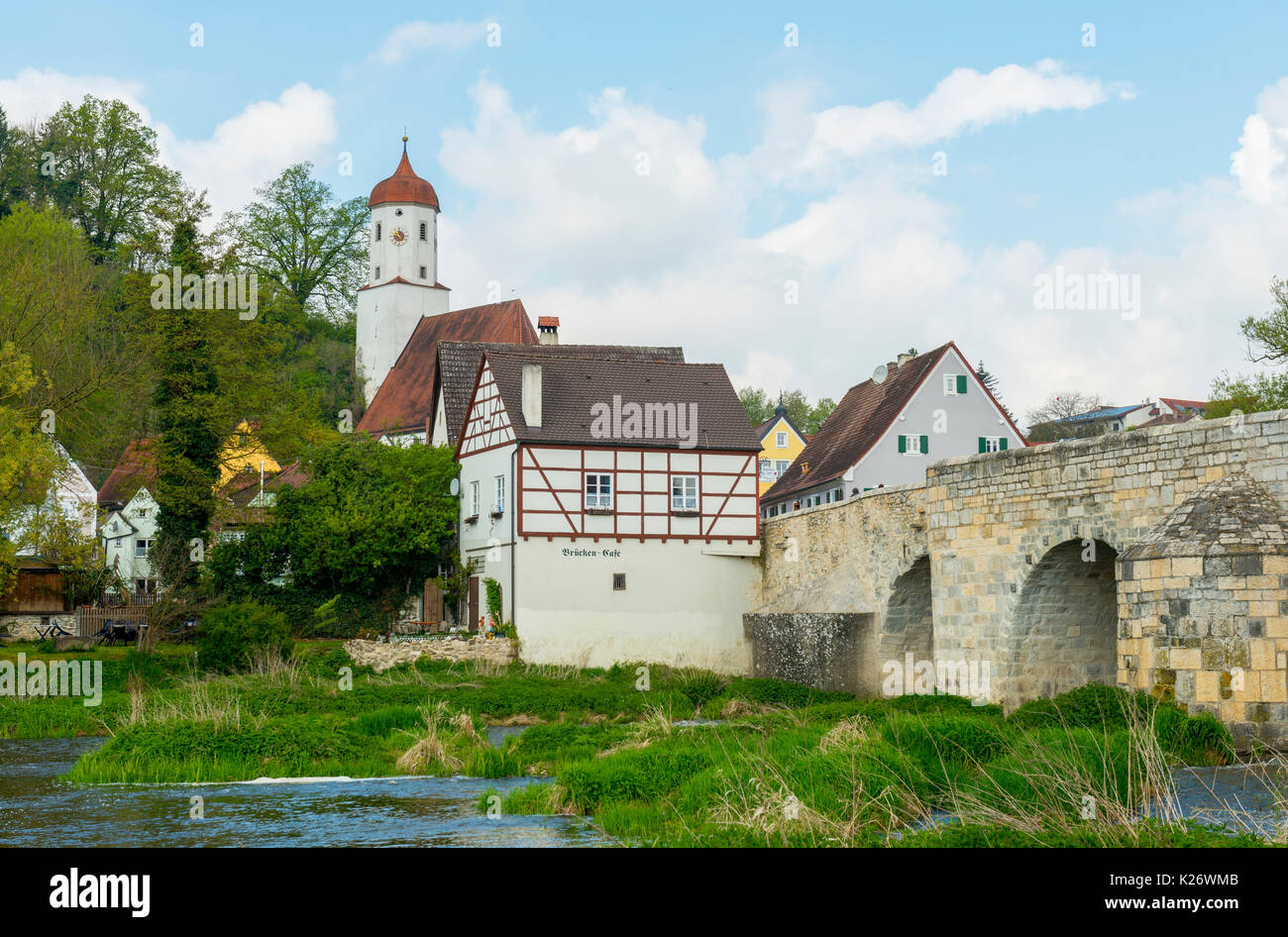 Old town with bridge over River Wörnitz, Harburg, Donau-Ries, Bavaria ...