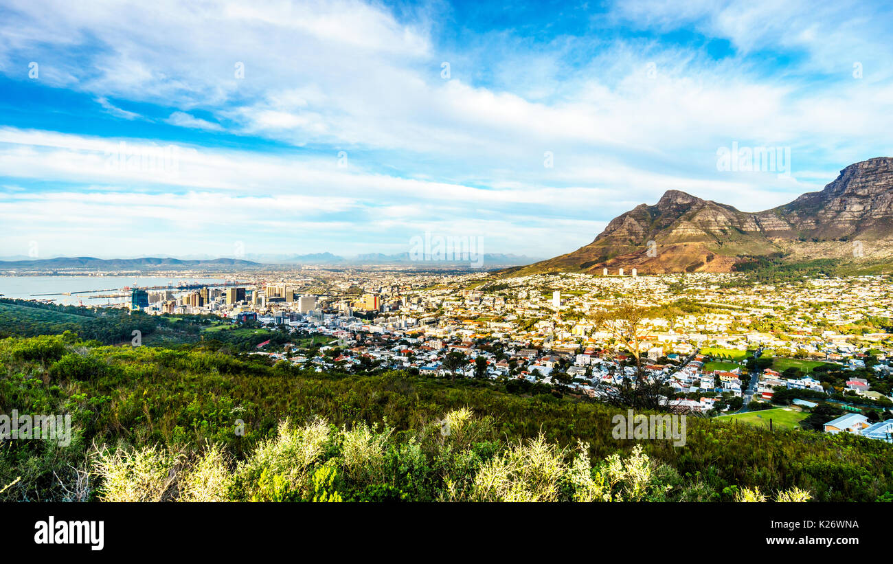 Sun setting over Table Mountain, Devils Peak and Cape Town. Viewed from ...