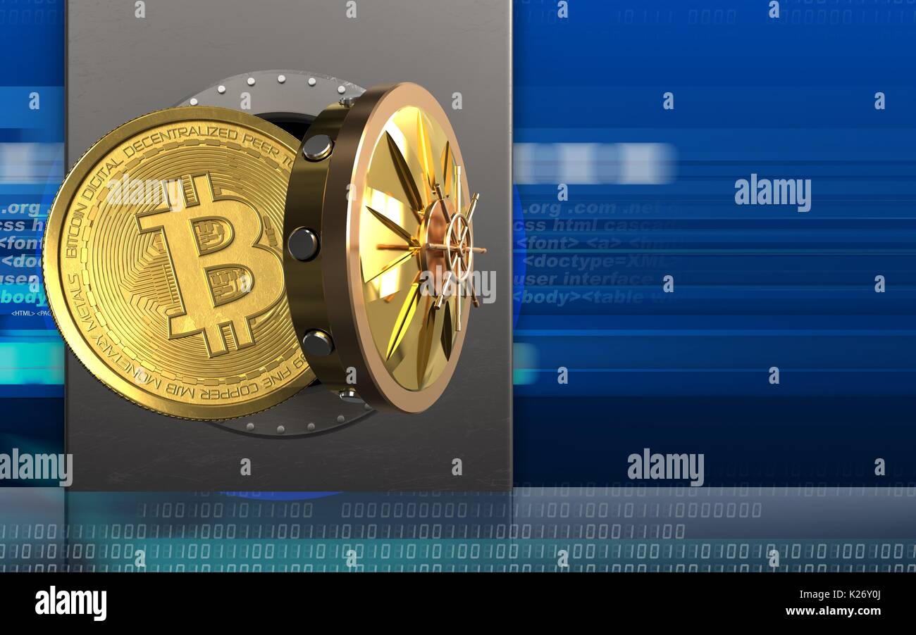 3d illustration of metal box with bitcoin over cyber background Stock ...