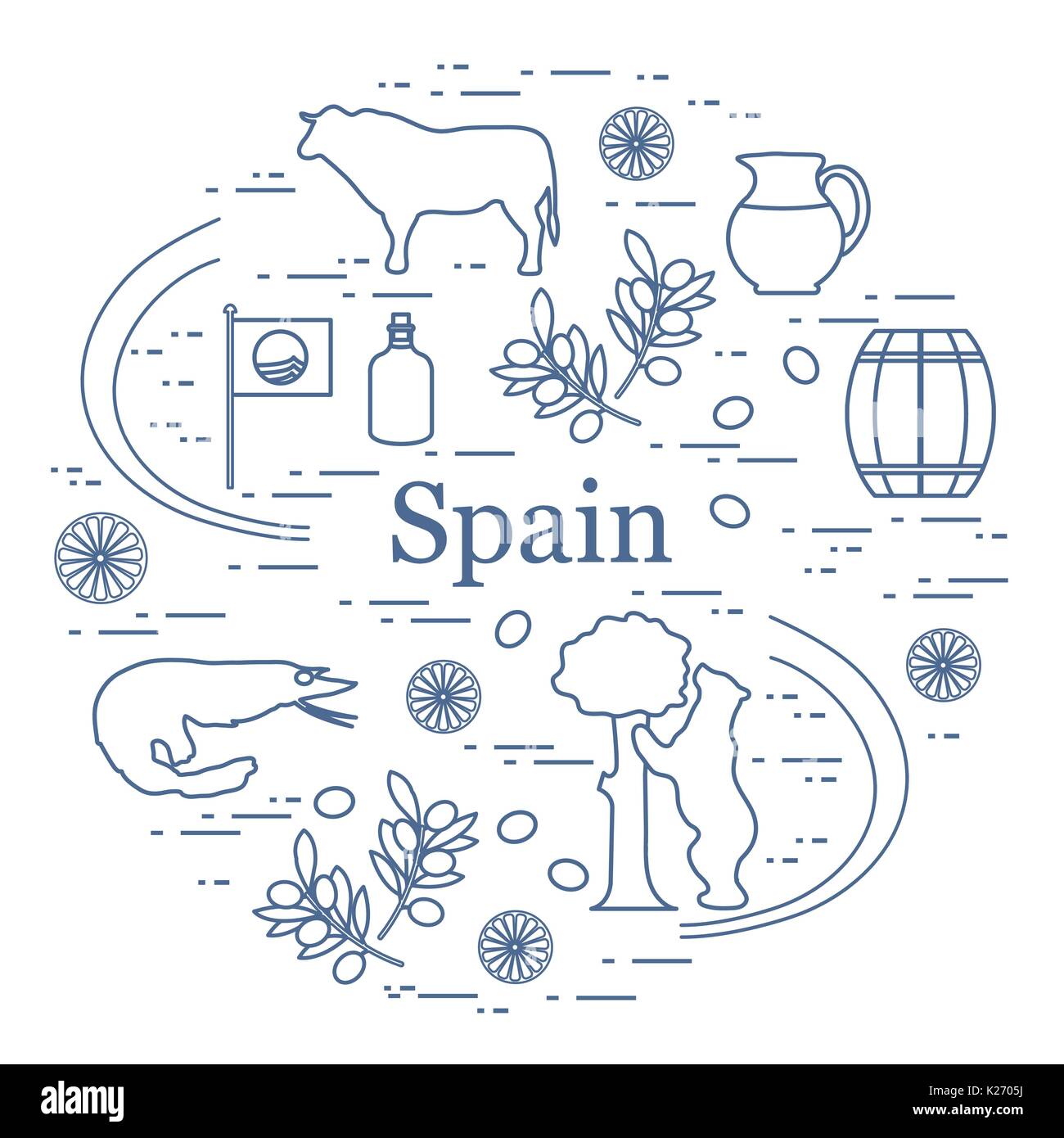 Vector illustration with various symbols of Spain arranged in a circle ...