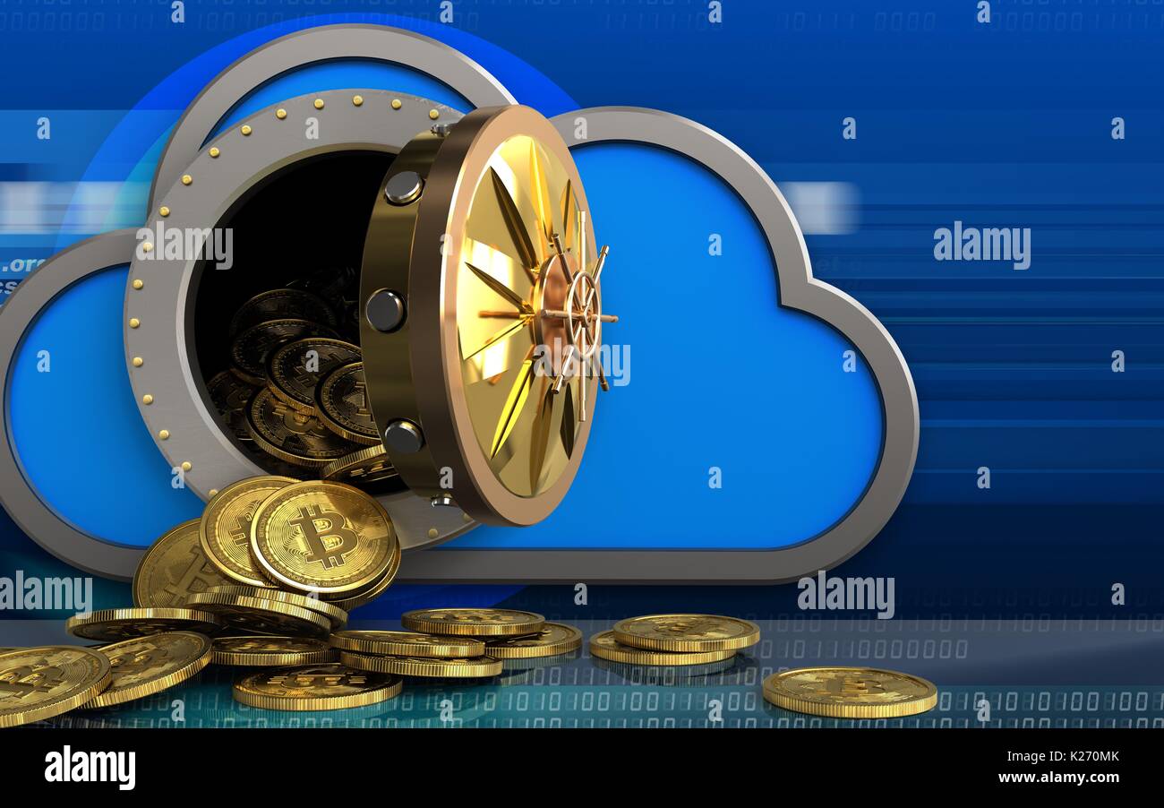 3d illustration of cloud with bitcoins heap over cyber background Stock ...