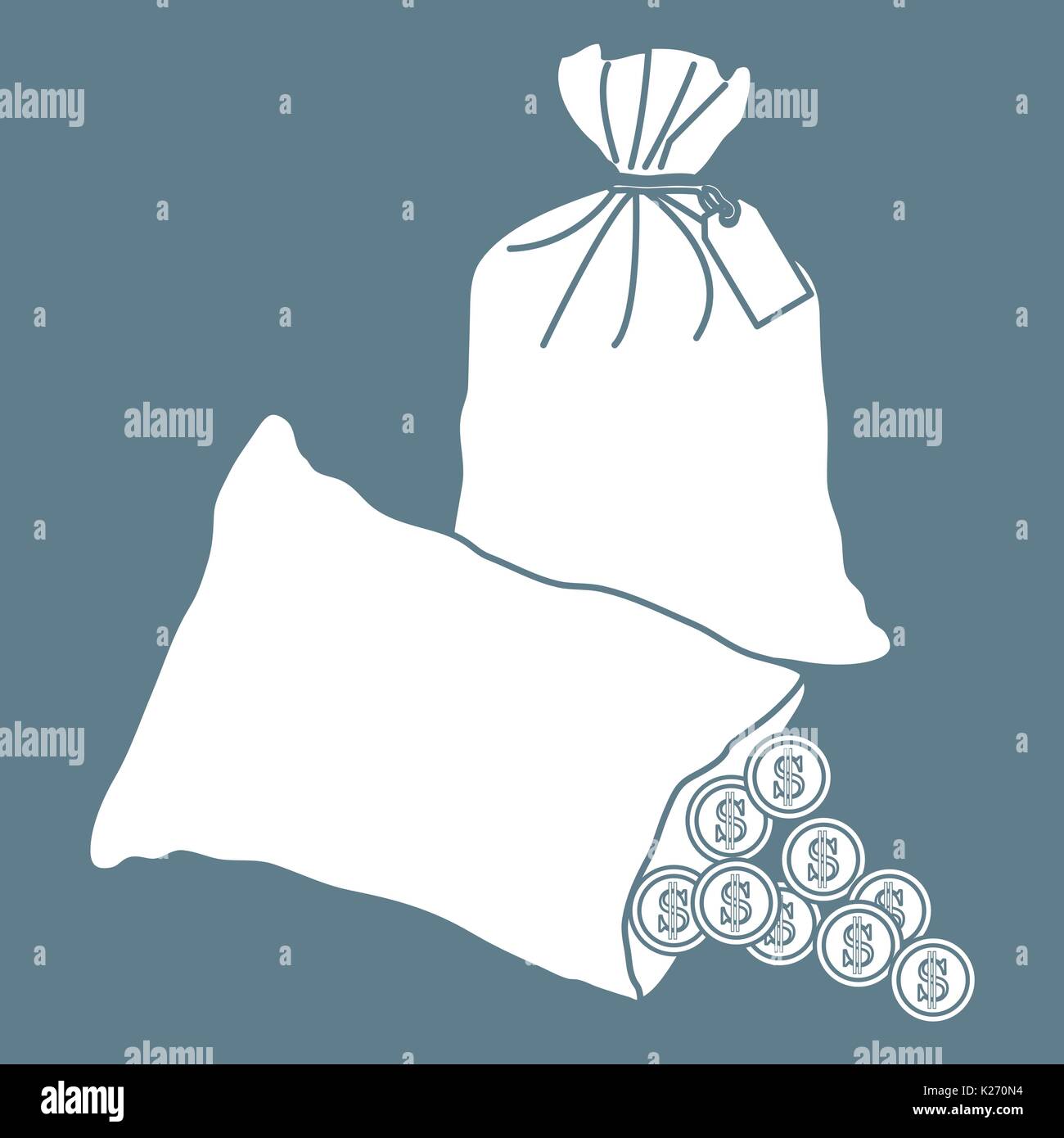 Stylized icon of a knotted bag with money and open bag with pours coins ...