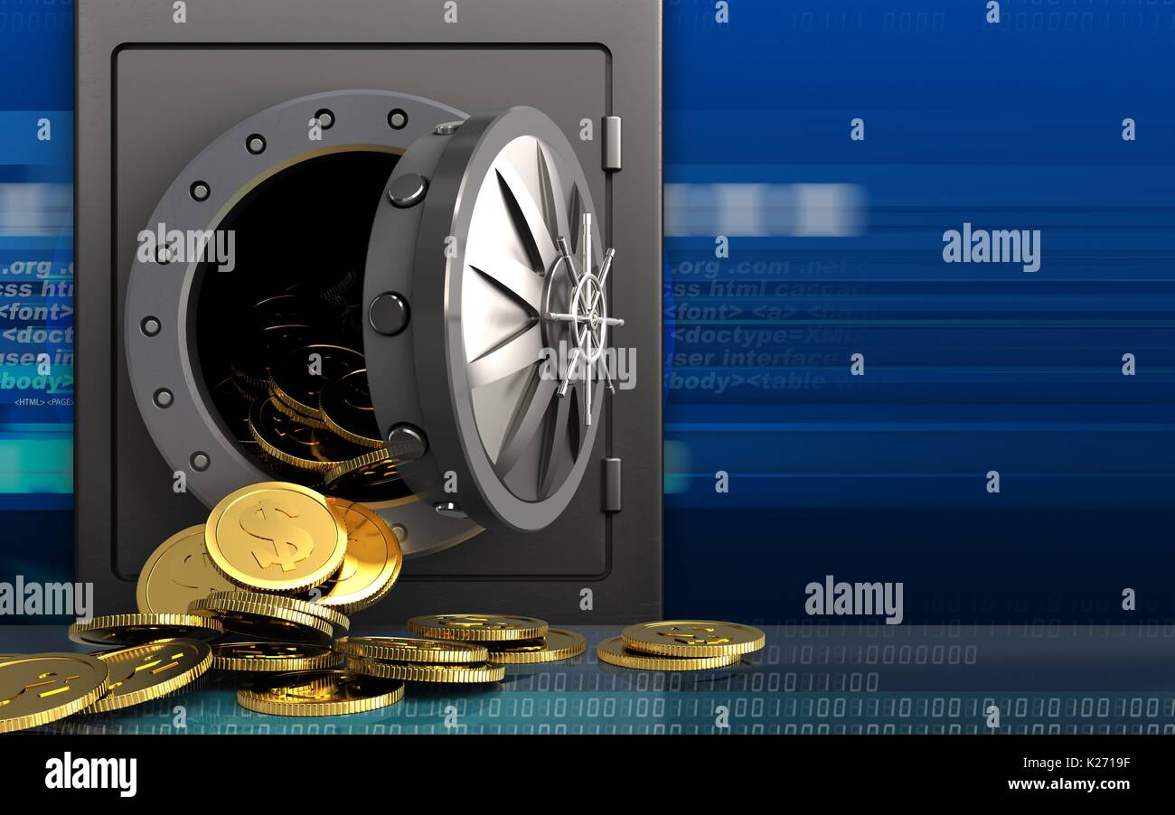 3d illustration of metal safe with dollar coins over cyber background ...