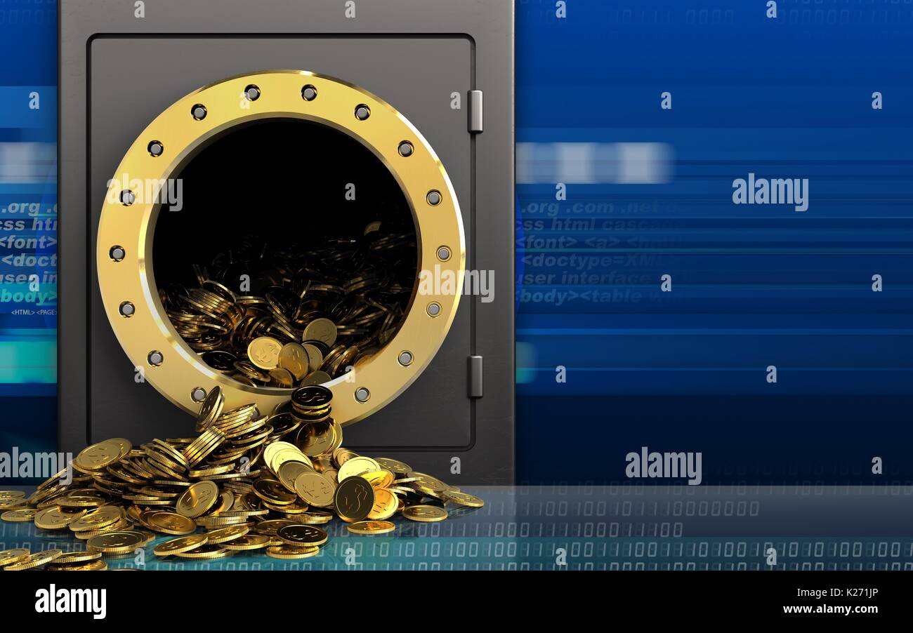 3d illustration of metal safe with golden coins over cyber background ...