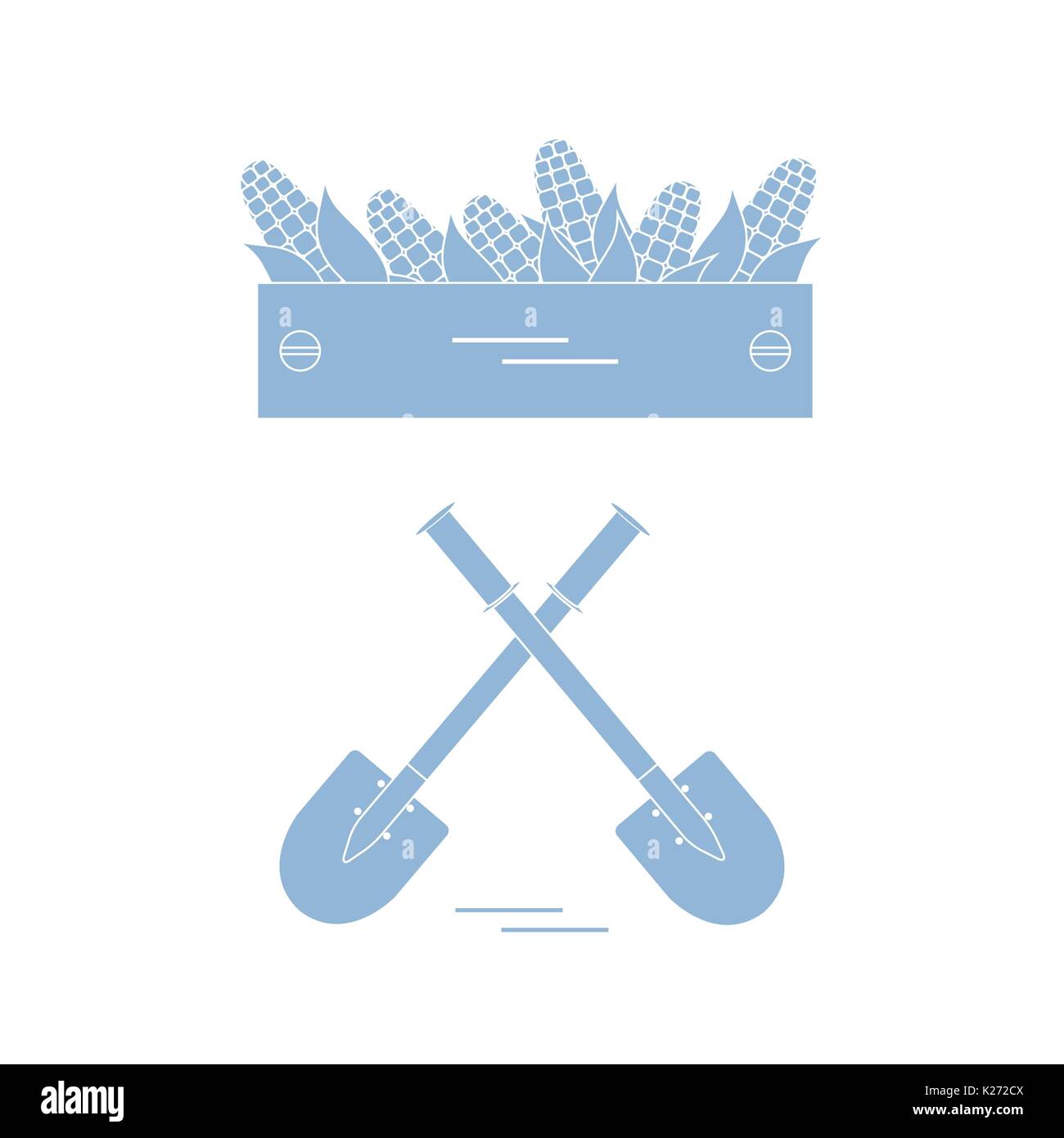 Cute vector illustration of harvest: two shovels and box of corn ...