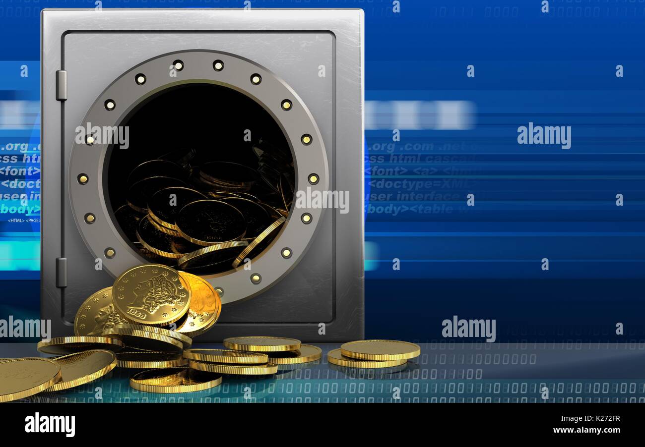 3d illustration of metal safe with coins over cyber background Stock ...