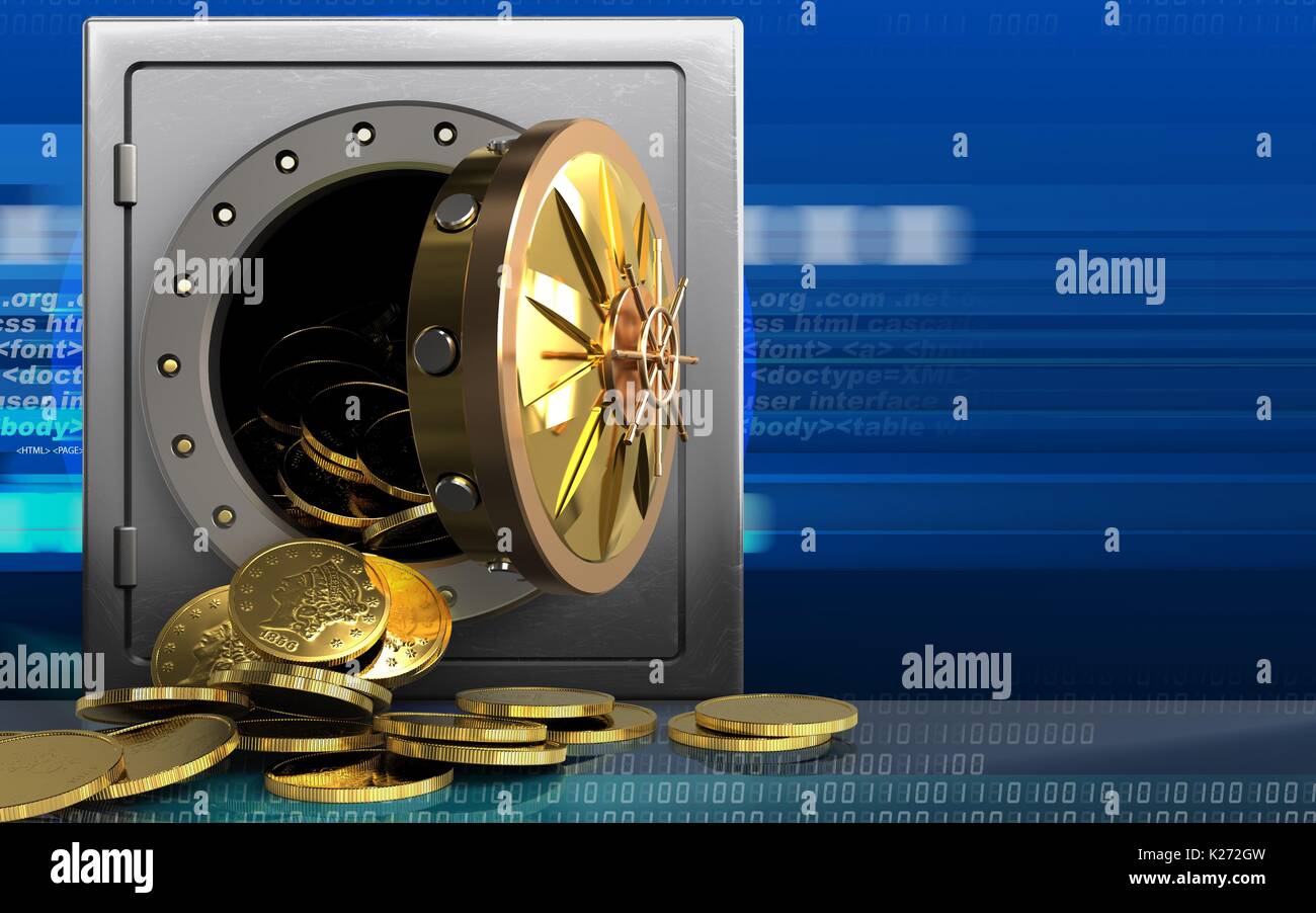 3d illustration of metal safe with coins over cyber background Stock ...