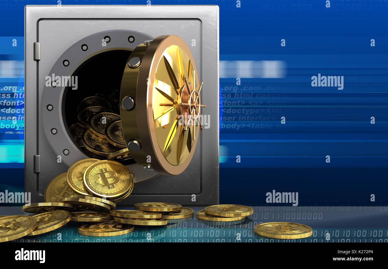 3d illustration of metal safe with bitcoins heap over cyber background ...