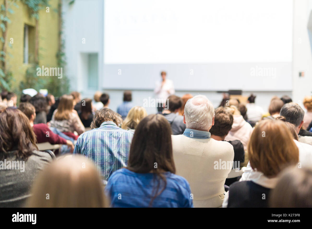 Woman giving presentation on business conference Stock Photo - Alamy