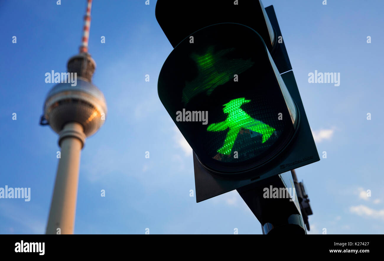 Green Ampelmann (Ampelmännchen) on Berlin Traffic Light with Berlin TV ...