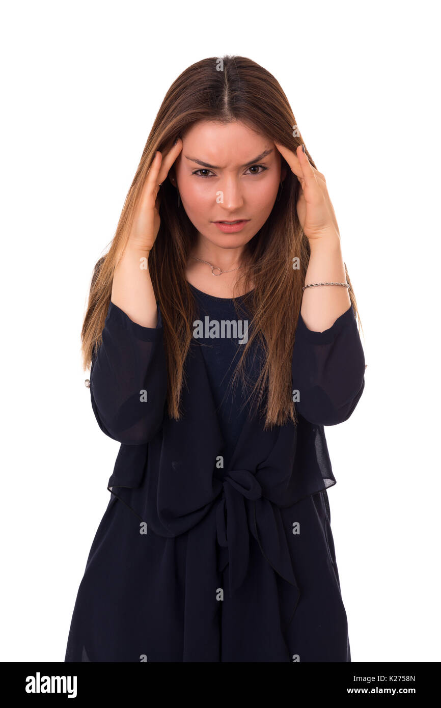 Young woman with a strong headache, isolated over white background ...