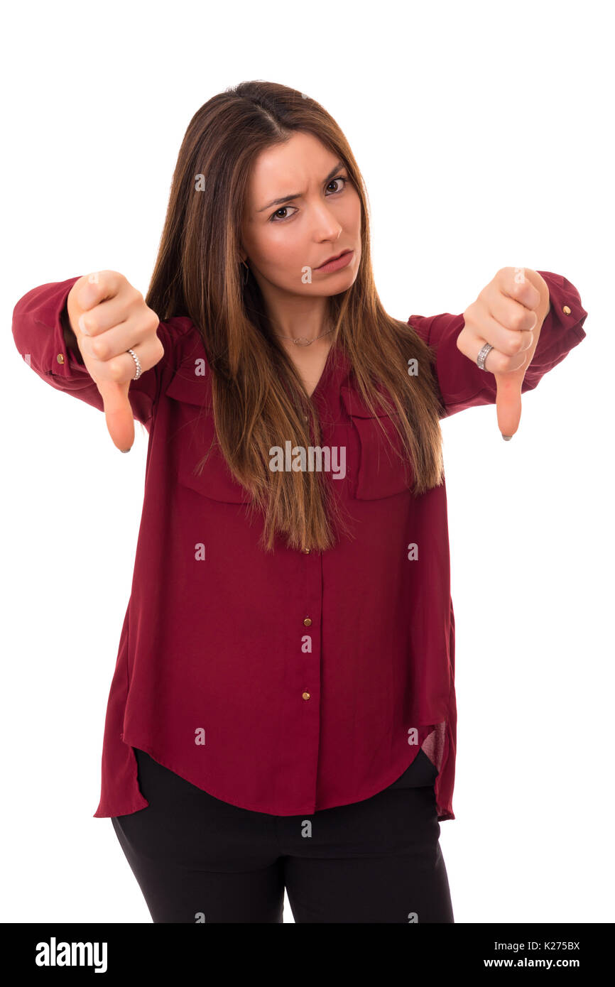 Studio shot of a young woman signaling thumbs down Stock Photo - Alamy