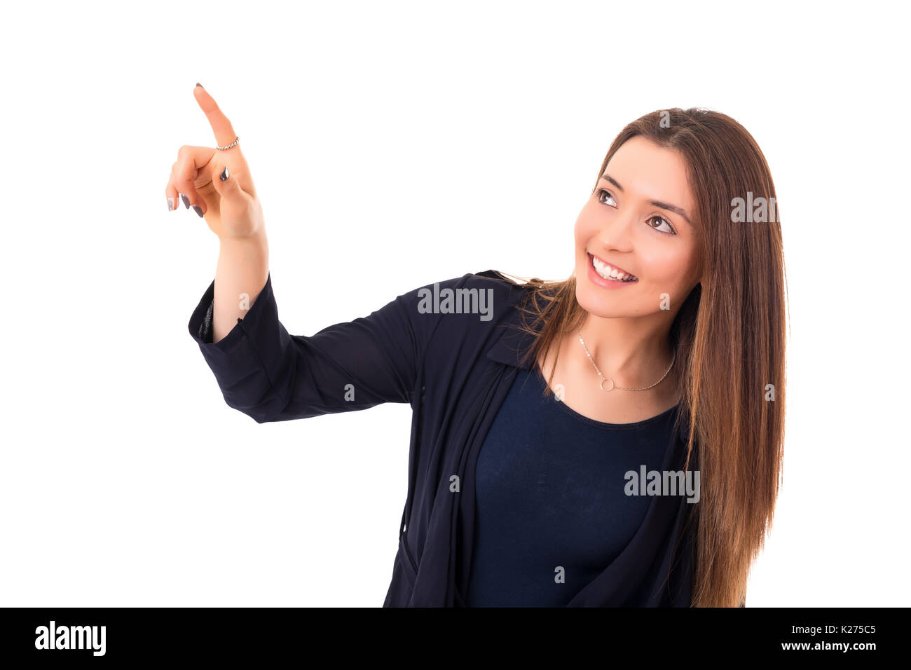 Business woman pressing key, isolated over white Stock Photo - Alamy