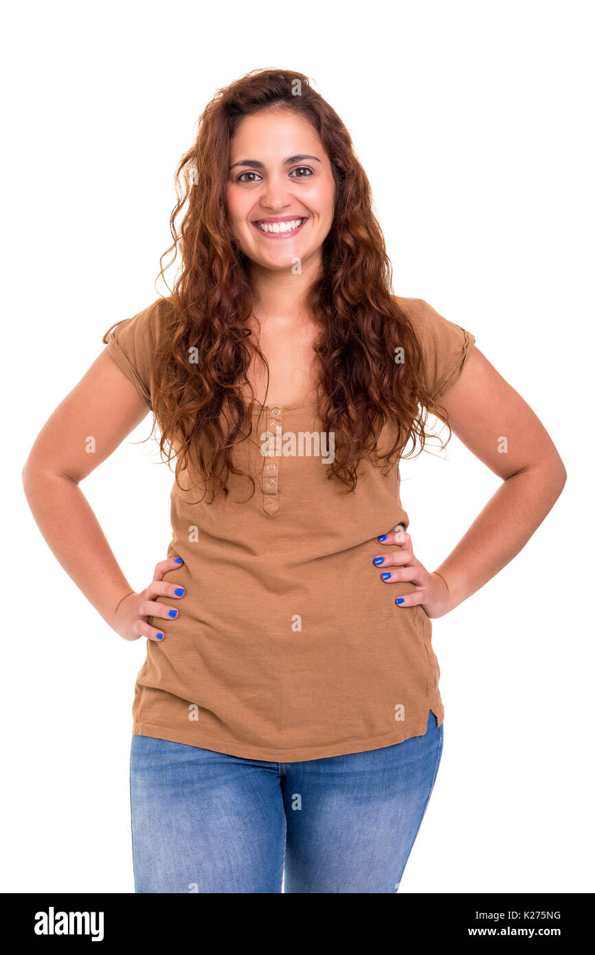 Happy overweighted woman posing isolated over white background Stock ...