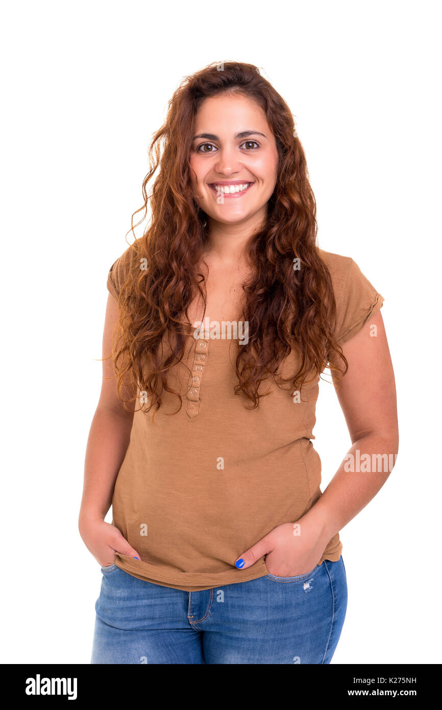 Happy overweighted woman posing isolated over white background Stock ...