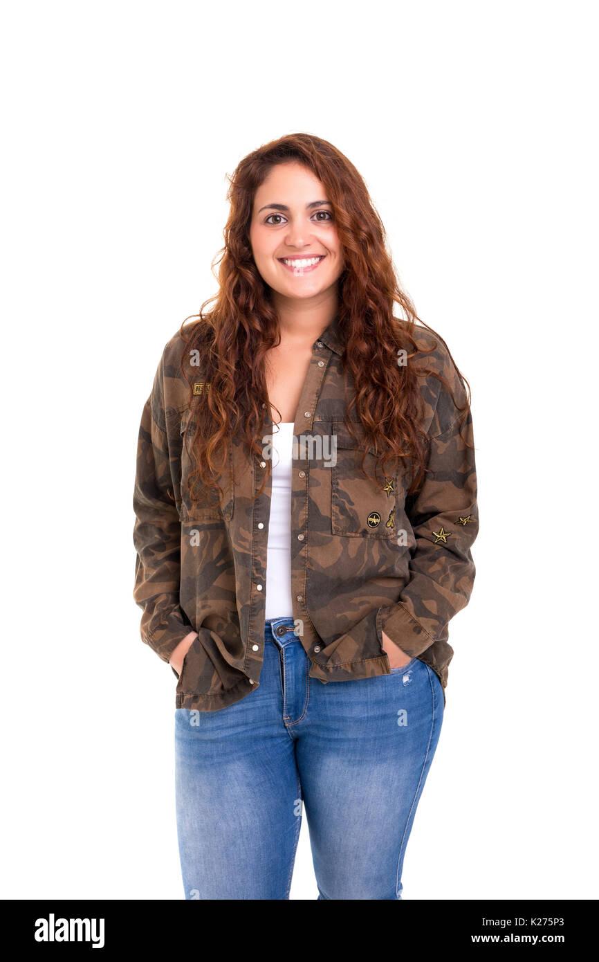 Happy overweighted woman posing isolated over white background Stock ...