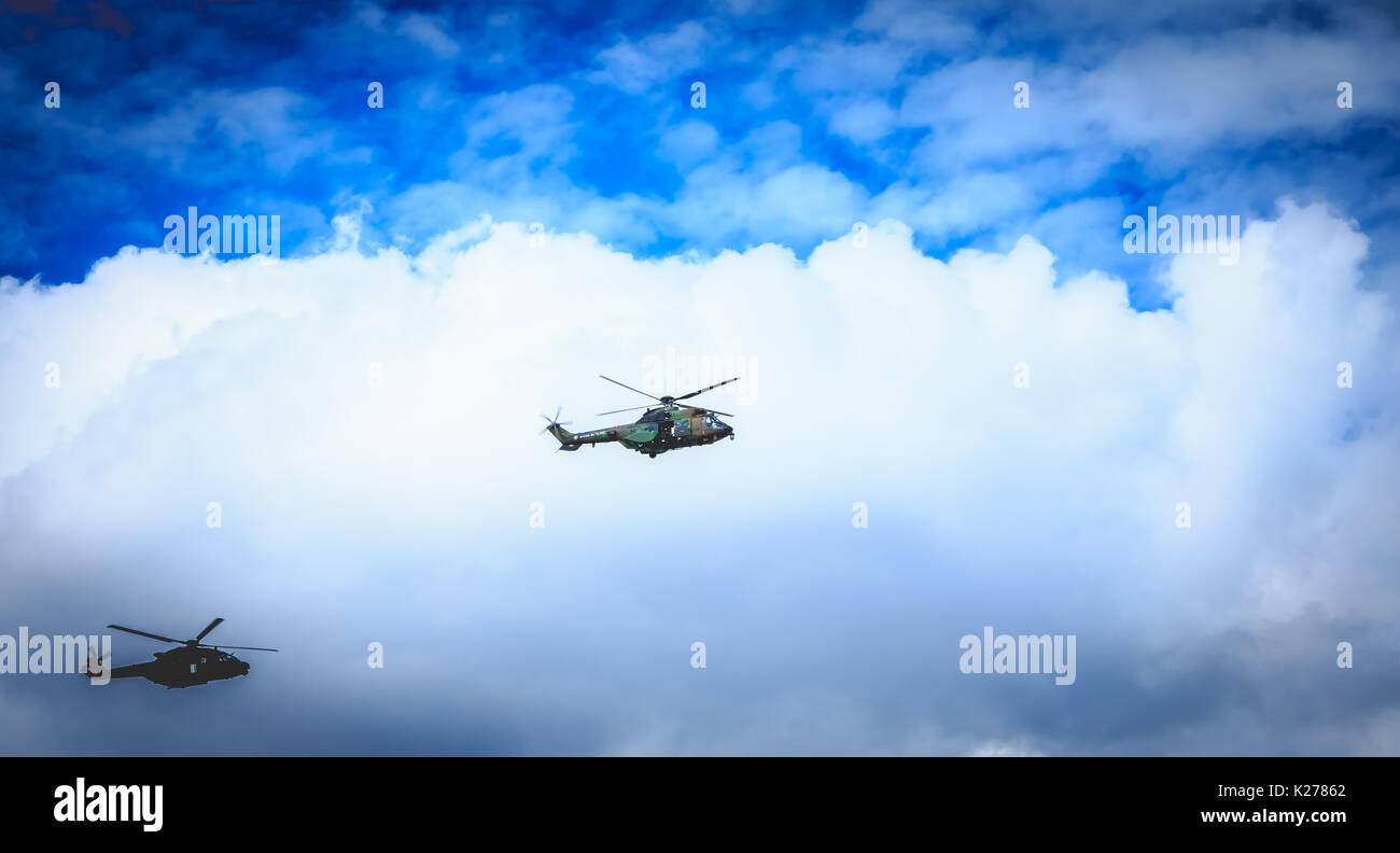 Paris, FRANCE - july 11, 2017: Air Force helicopters fly over the Notre ...