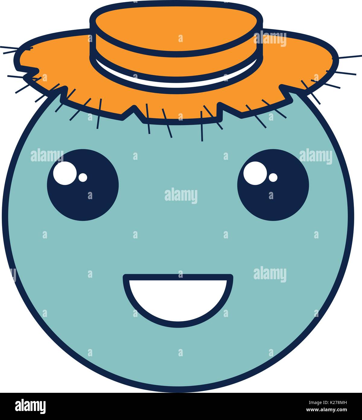 kawaii circle face emoticon with straw hat character vector ...