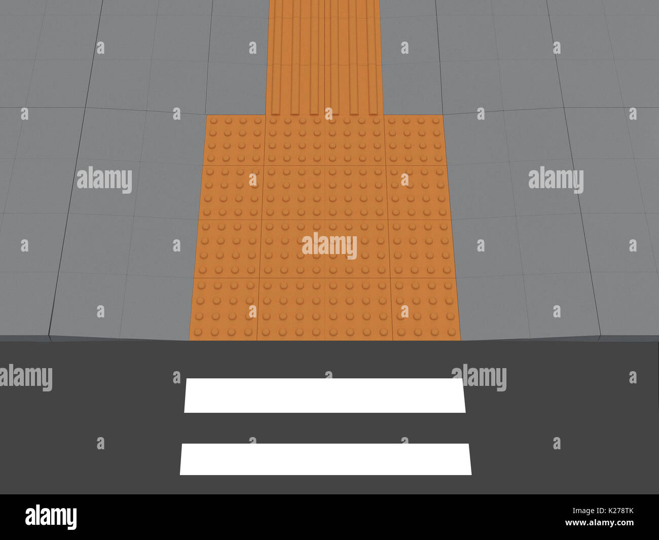 3D illustration of tactile paving on a sidewalk, leading to pedestrian ...