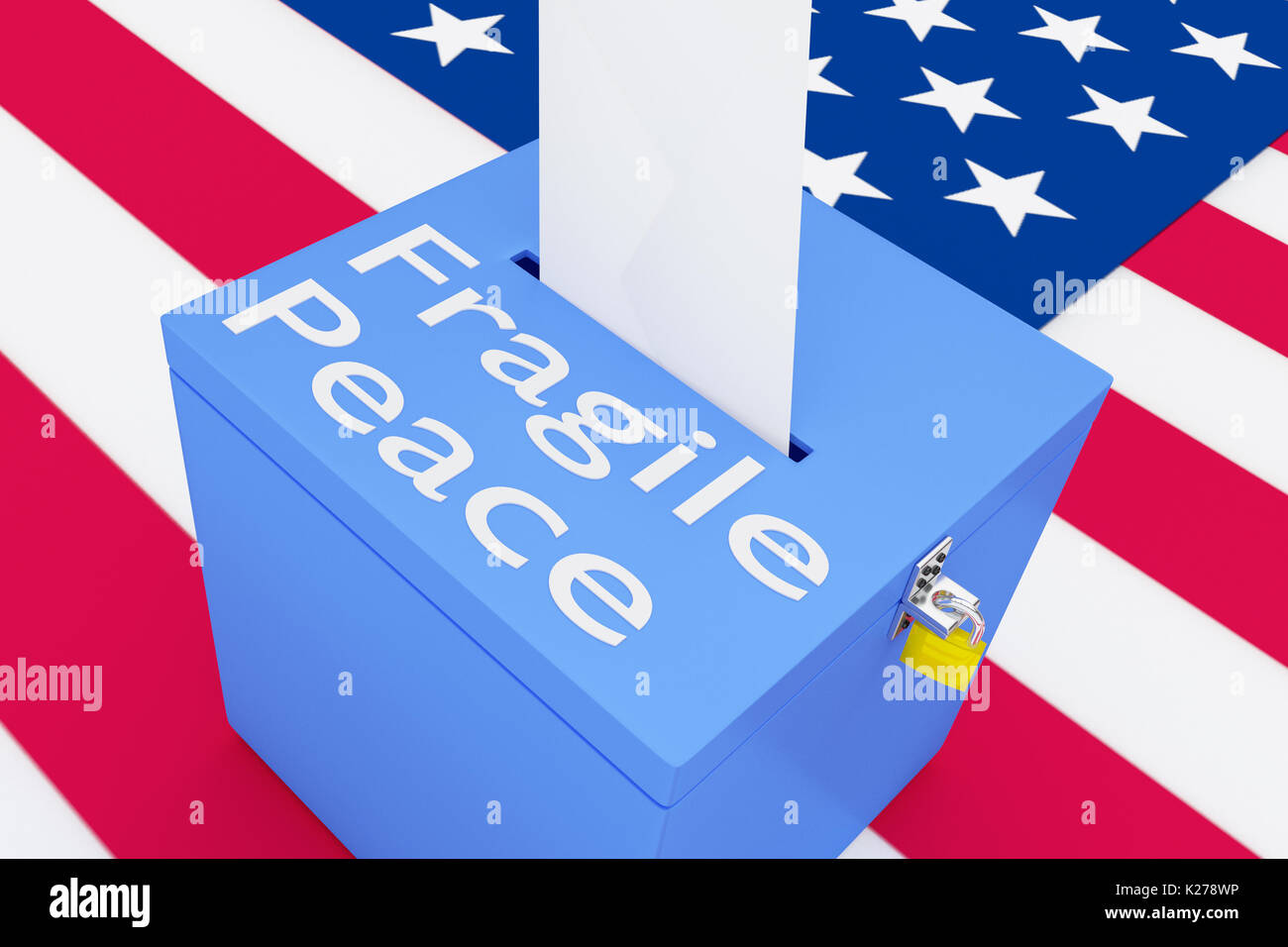 3D illustration of "Fragile Peace" script on a ballot box, with US flag ...